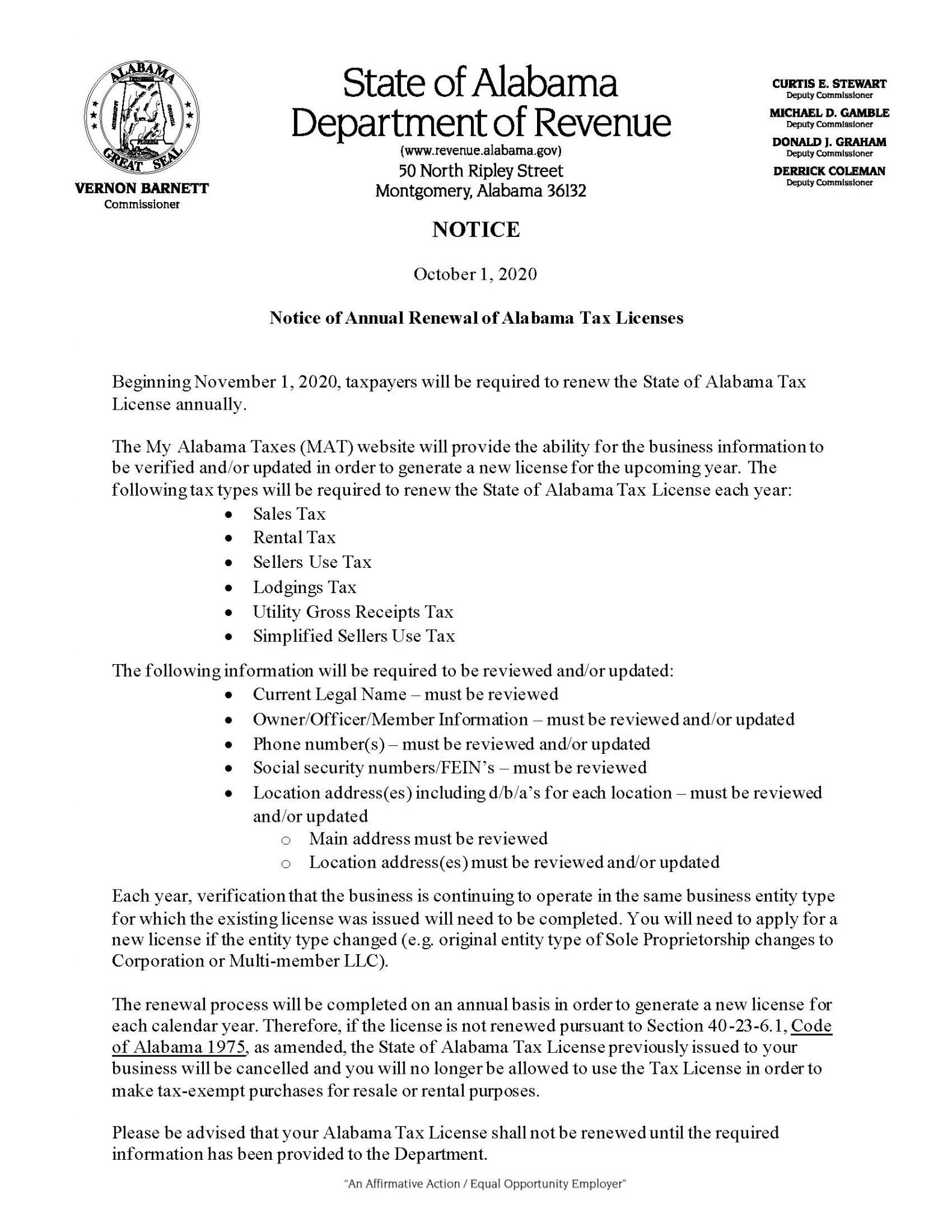 Notice Of Annual Renewal Of Alabama Tax Licenses – Crow Shields Bailey PC